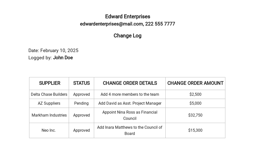 FREE Change Order Log Template - PDF | Word (DOC) | Excel | Apple (MAC ...