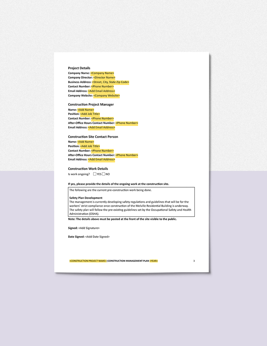 Construction Project Safety Management Plan Template - Google Docs ...