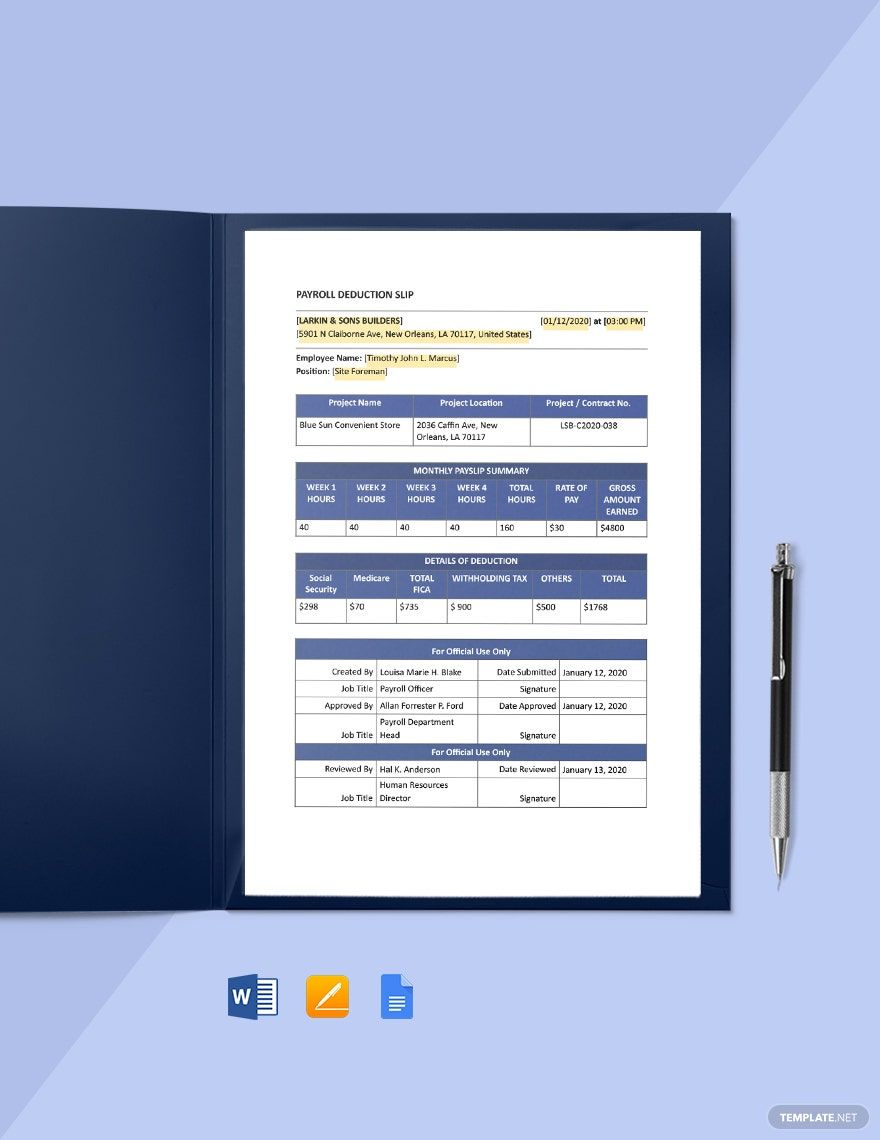 Construction Payroll Deduction Template - Google Docs, Word, Apple ...