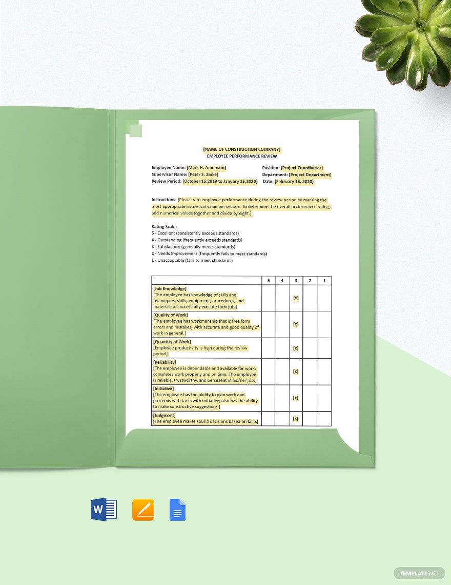 Construction Performance Review Template Google Docs Word Apple Pages Template