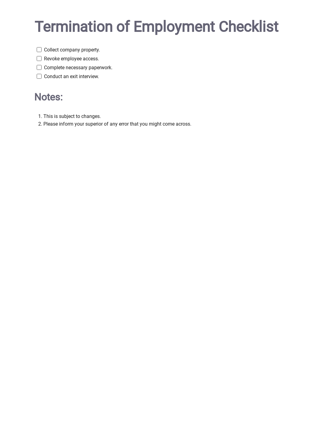 Free Employee Termination Checklist Word Templates 9 Download