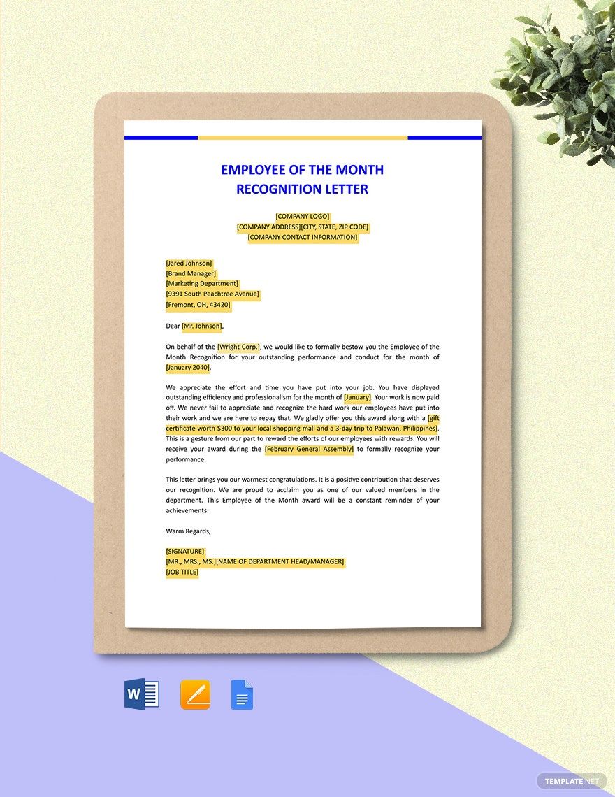 Free Employee Of The Month Recognition Letter Download In Word 