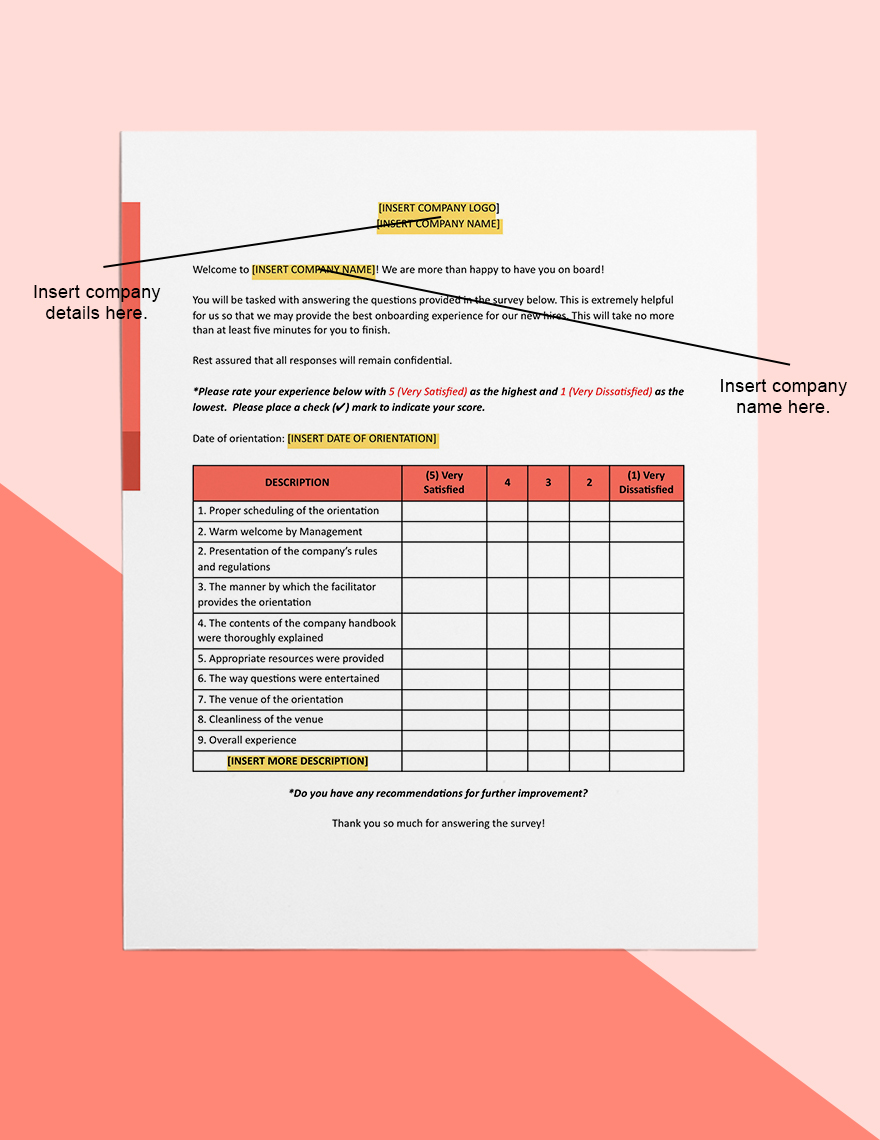 New Employee Orientation Survey Template In Pages Word Google Docs 