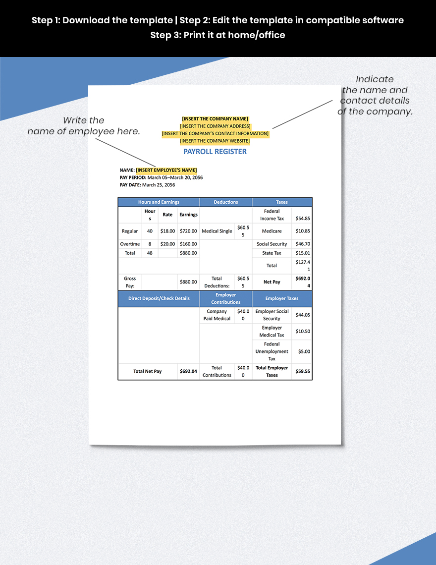 Payroll Register Template - Google Docs, Google Sheets, Excel, Word, Apple Numbers, Apple Pages ...