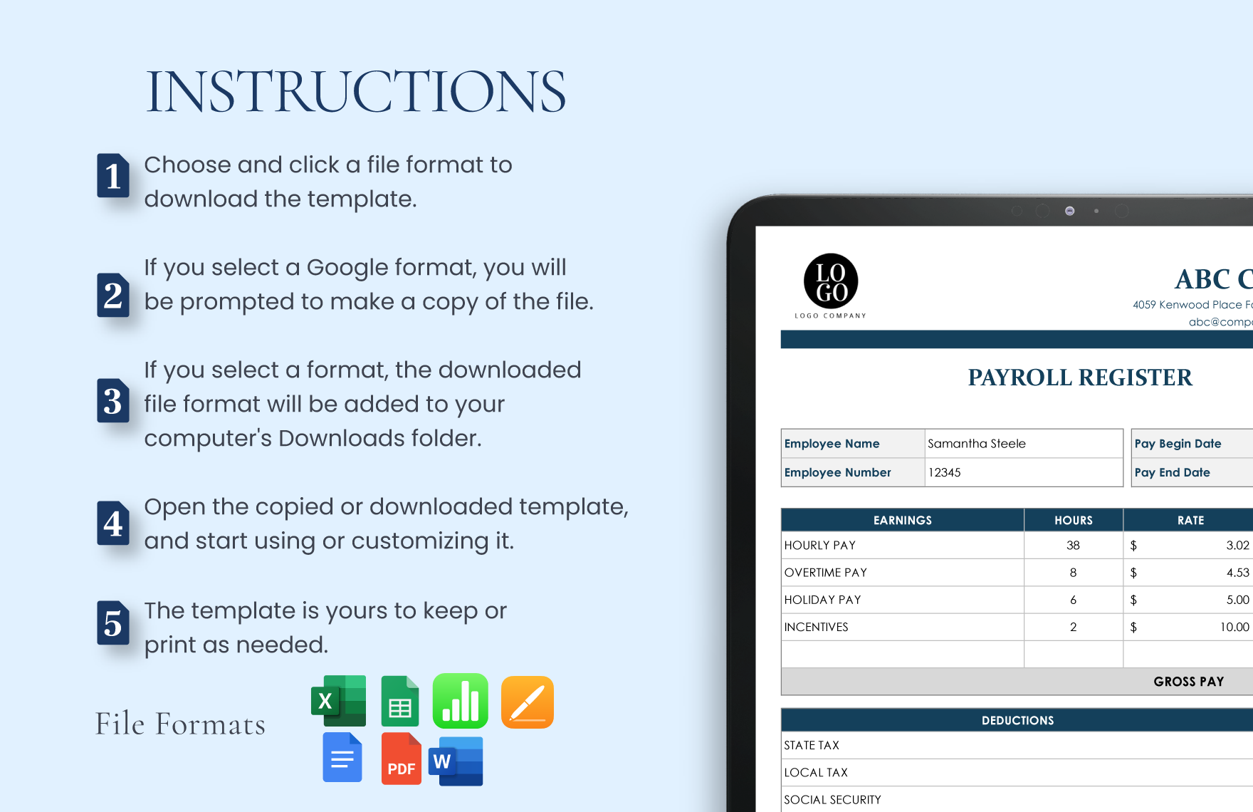 Payroll Register Template in MS Word, Pages, Numbers, GDocsLink, MS Excel, Google Sheets - Download