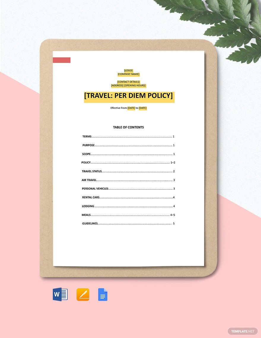 Travel Per Diem Policy Template Download In Word Google Docs PDF
