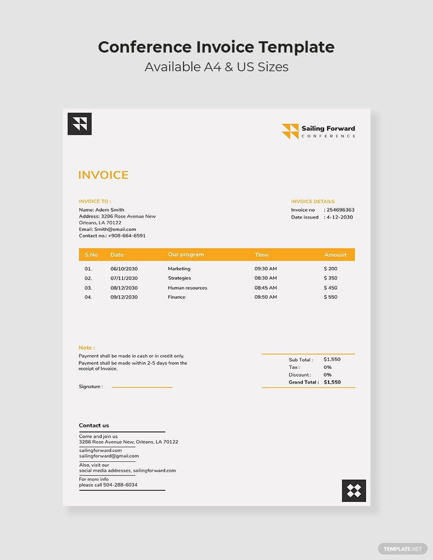 Conference Invoice Template - Google Docs, Google Sheets, Illustrator ...