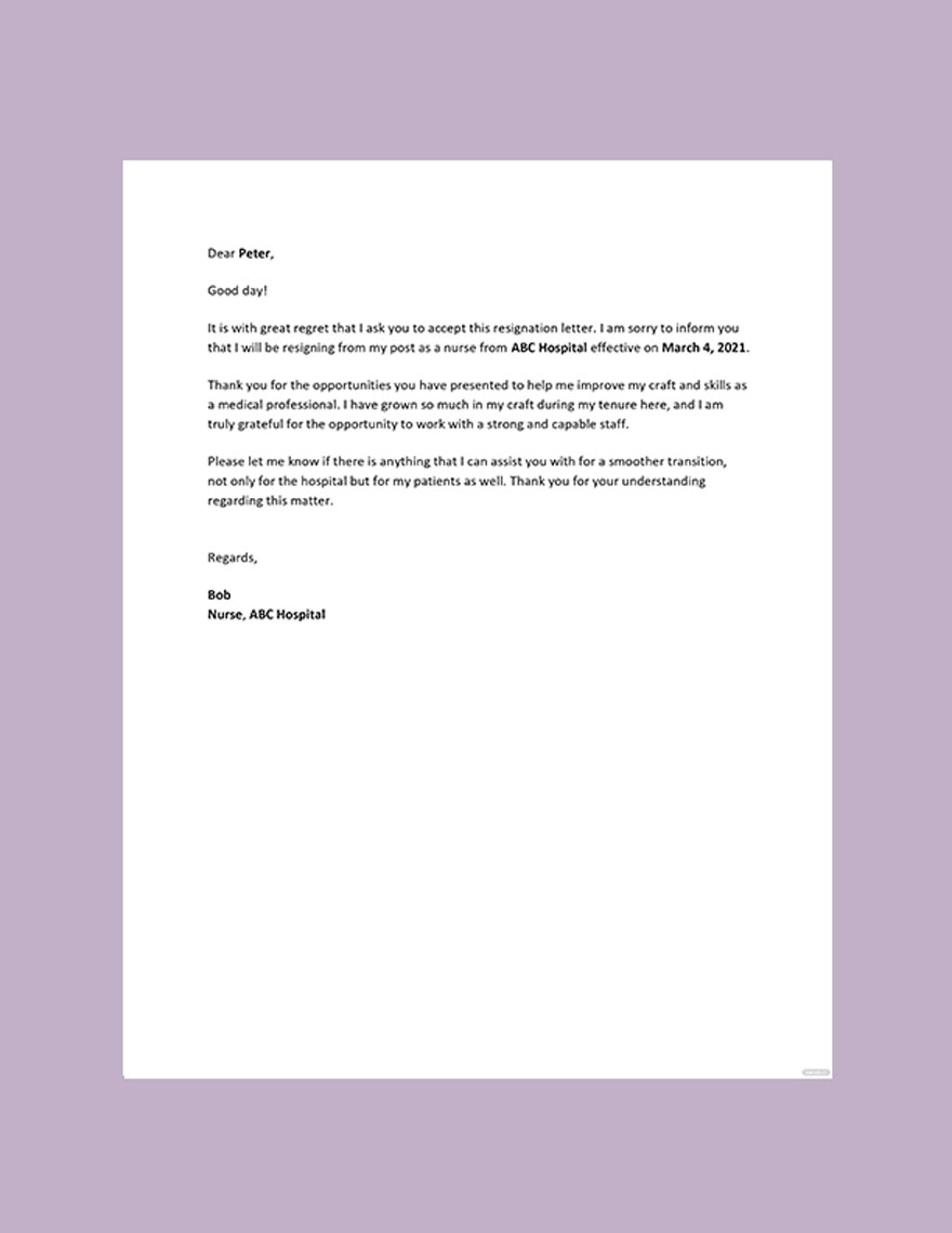 Nurse Resignation Letter Template Google Docs Word Template