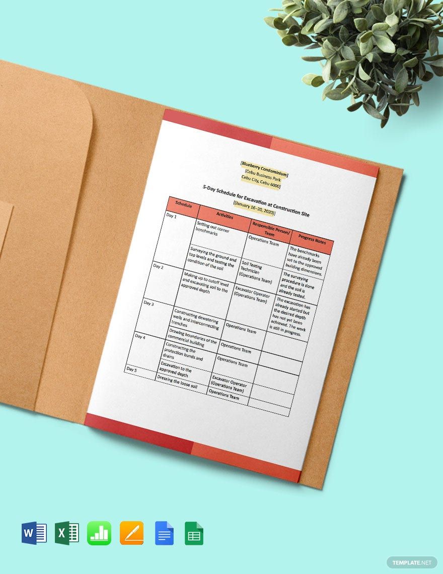 5 day Construction Project Schedule Template Google Sheets Excel Word Apple Numbers Apple 