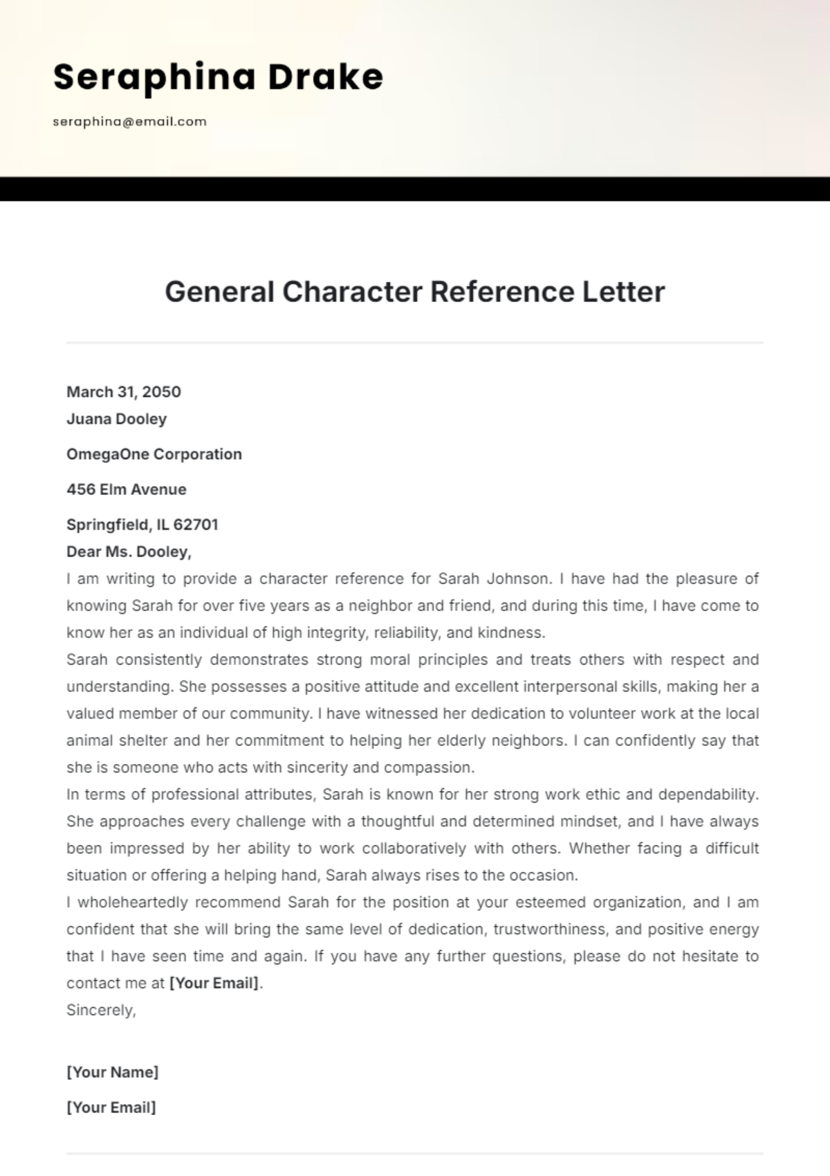 Free General Character Reference Letter Template To Edit Online