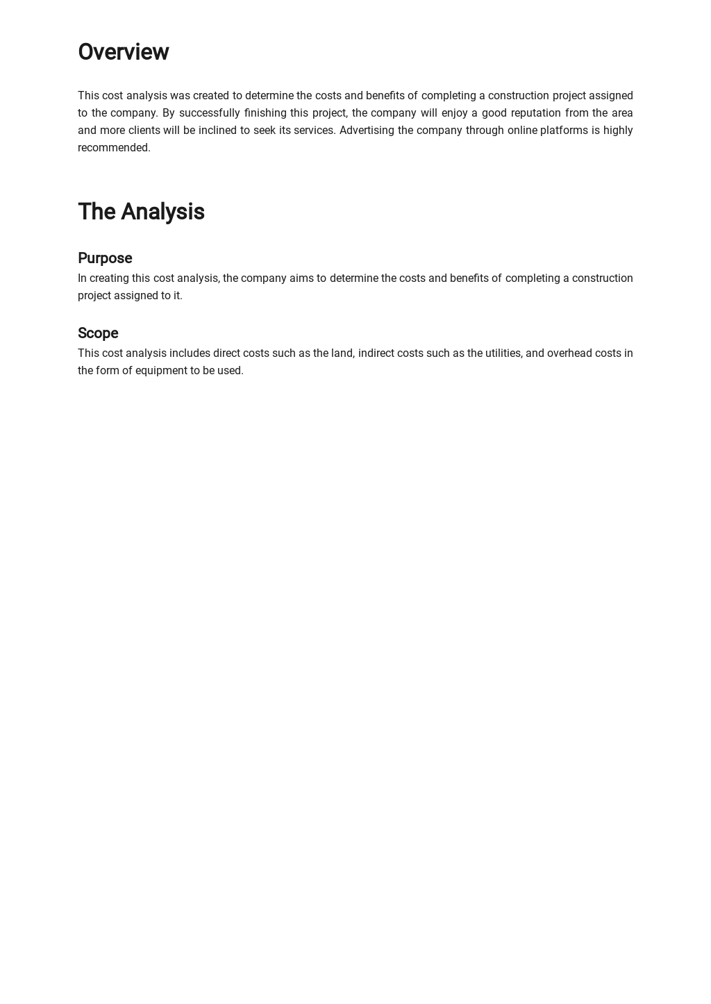 Sample Construction Project Cost Analysis Template [Free PDF] - Word ...