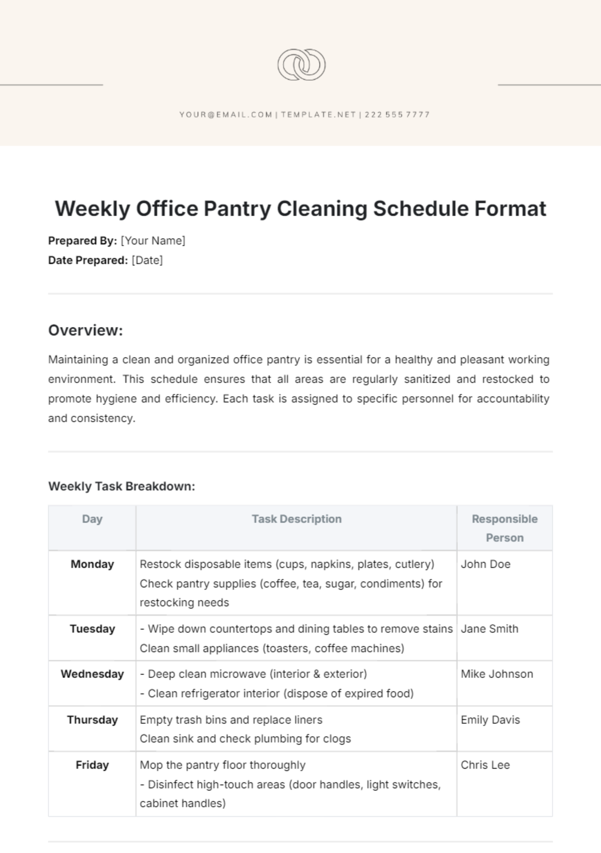 Weekly Cleaning Schedule Template Restaurant Office Free Infoupdate