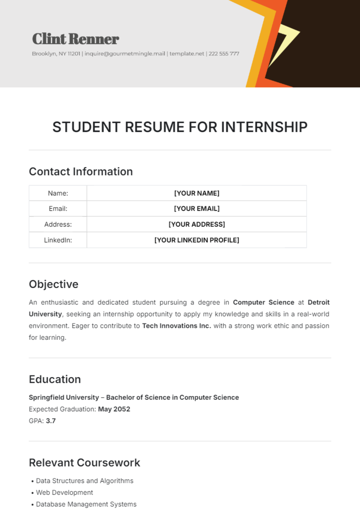 Free Student Resume For Internship Template To Edit Online