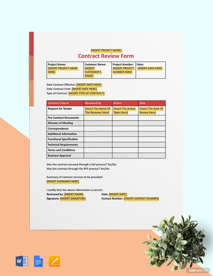 Contract Review Form Template Google Docs Word Apple Pages
