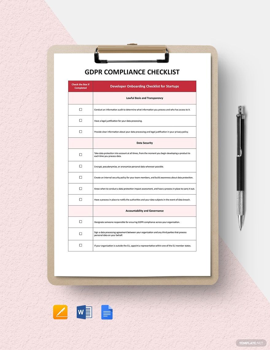 GDPR Compliance Checklist Template Google Docs Word Apple Pages Template