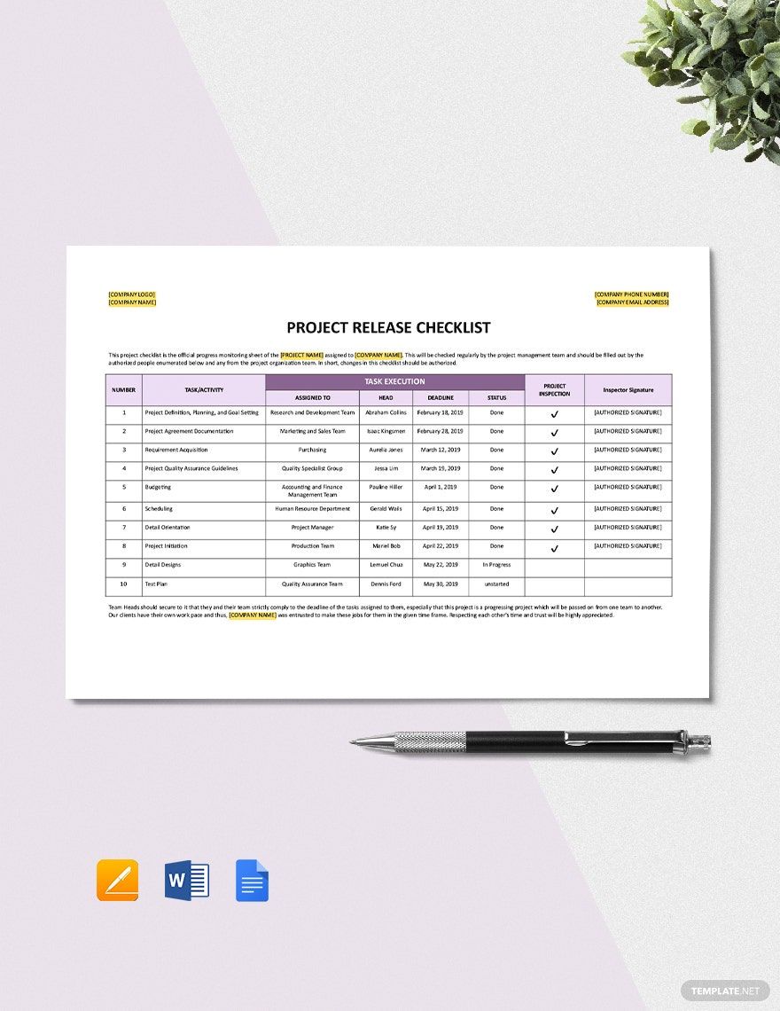 Project Release Checklist Template Google Docs Word Apple Pages 
