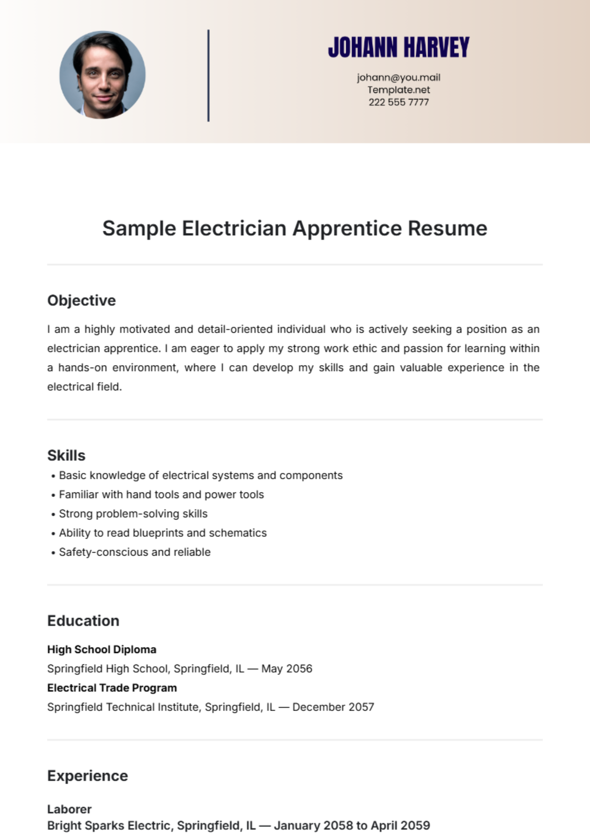 Free Sample Electrician Apprentice Resume Template To Edit Online