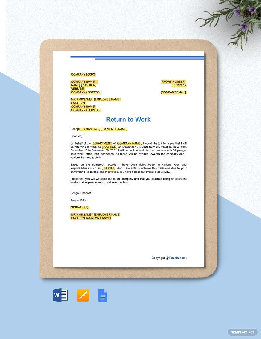 Return To Work Letter Template Google Docs Word Apple Pages Template