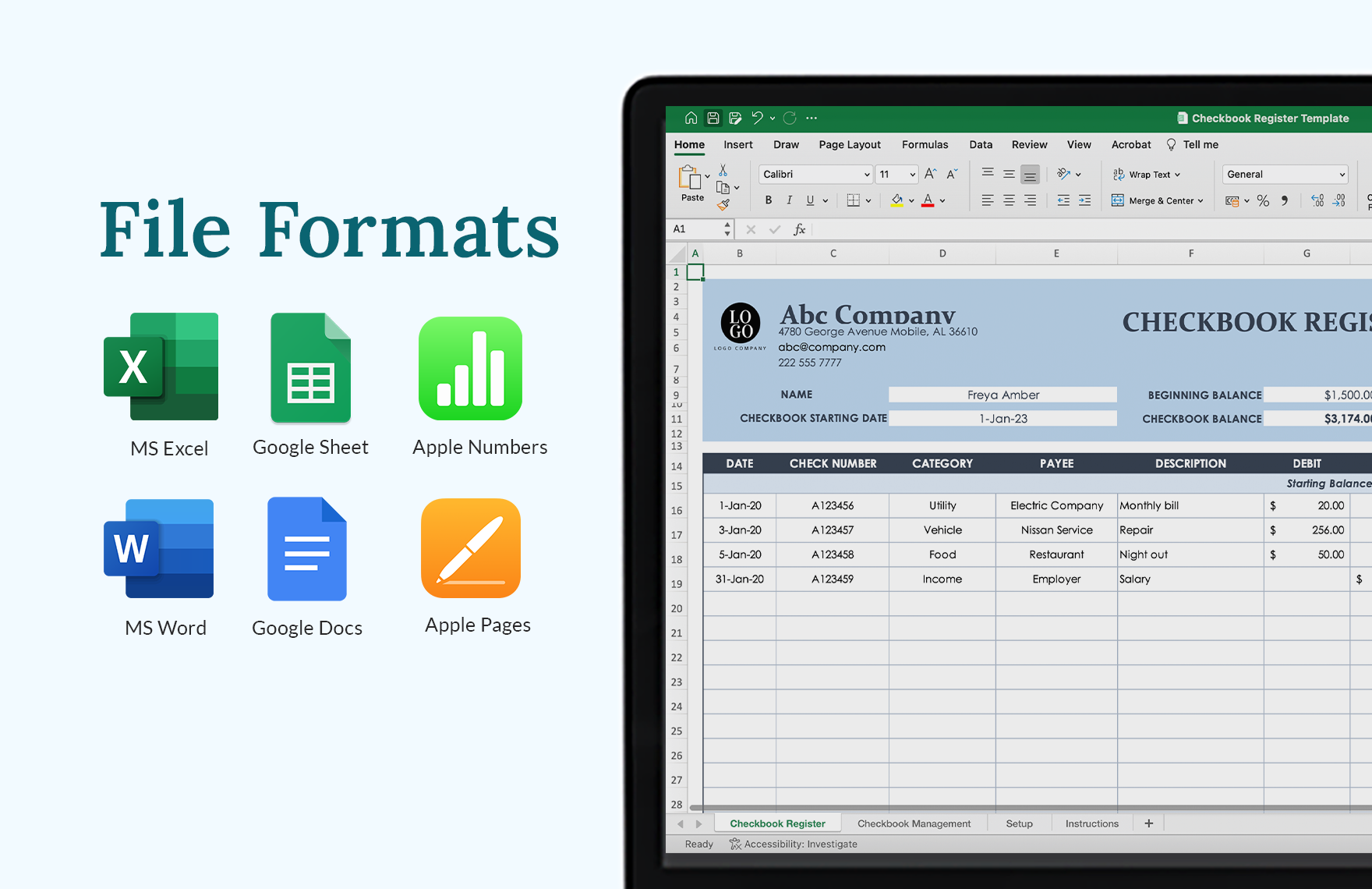 Checkbook Register Template in Pages, Numbers, MS Word, GDocsLink, MS ...