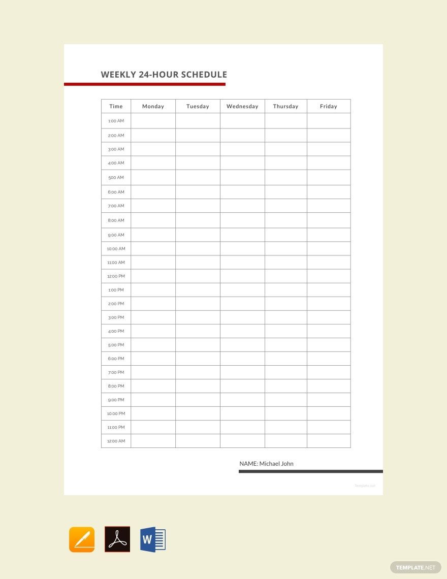 24 Hour Schedule Templates Documents Design Free Download Template