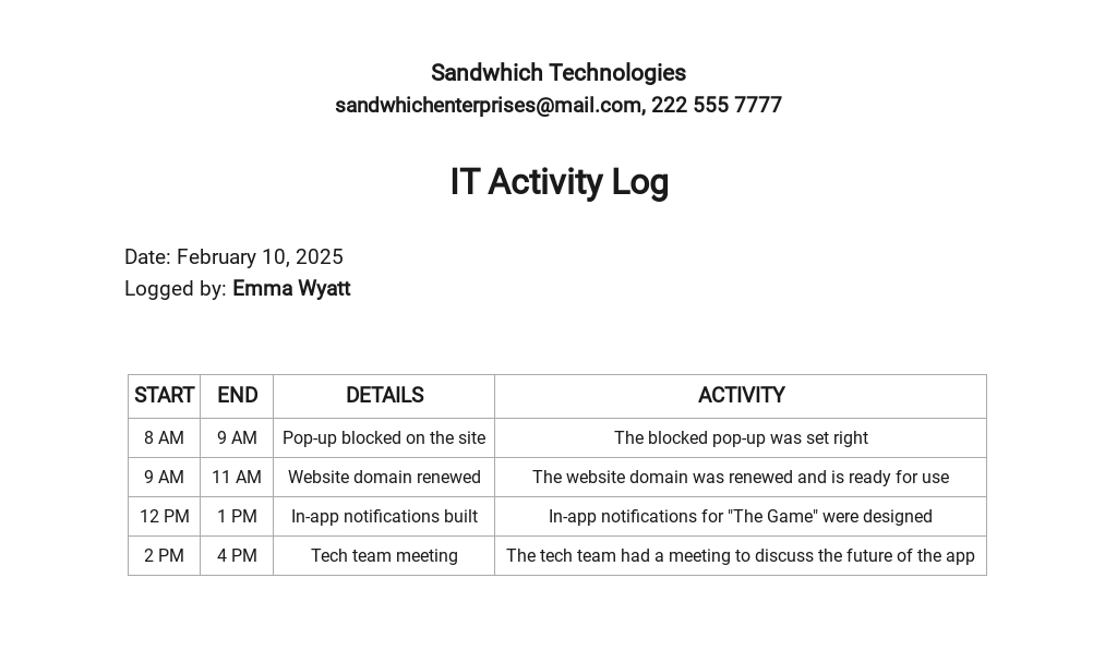 FREE Basic IT Log Template - Word (DOC) | Excel | Apple (MAC) Pages ...