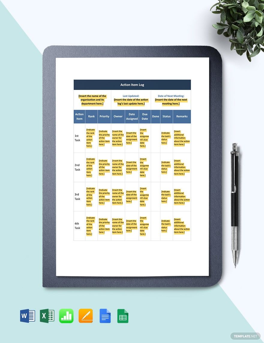Action Item Log Template Word Google Docs Excel Google Sheets 