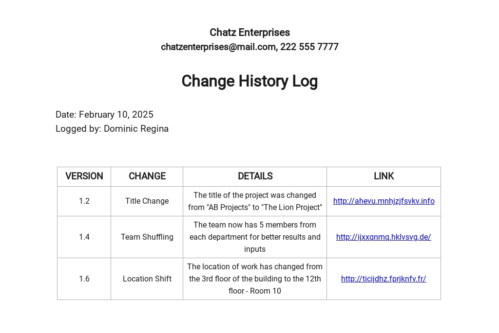 Change History Log Template Word DOC Excel Apple MAC Pages 