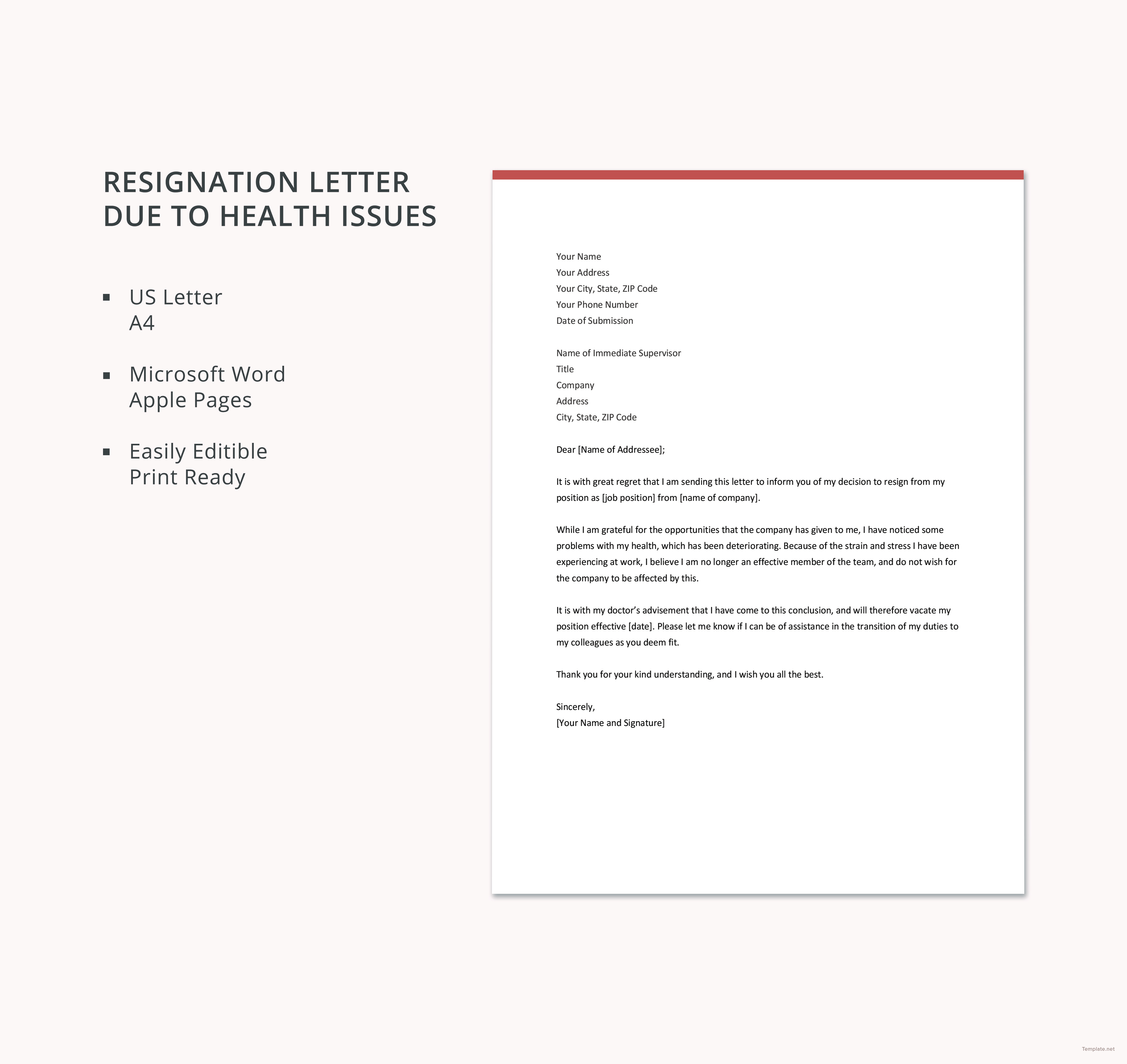 Free Resignation Letter Template Due To Health Issues In Microsoft Word 