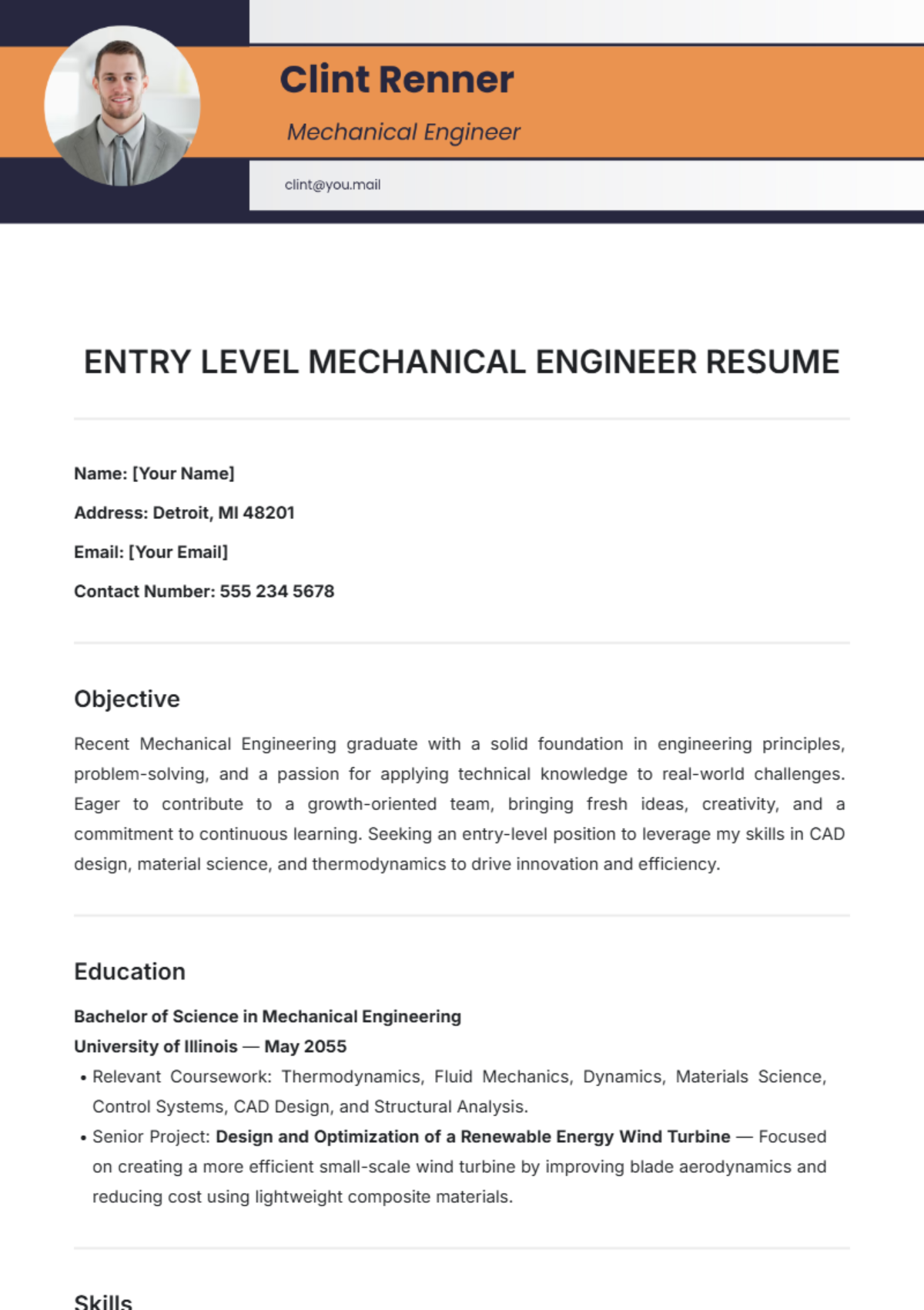 Free Entry Level Mechanical Engineer Resume Template To Edit Online
