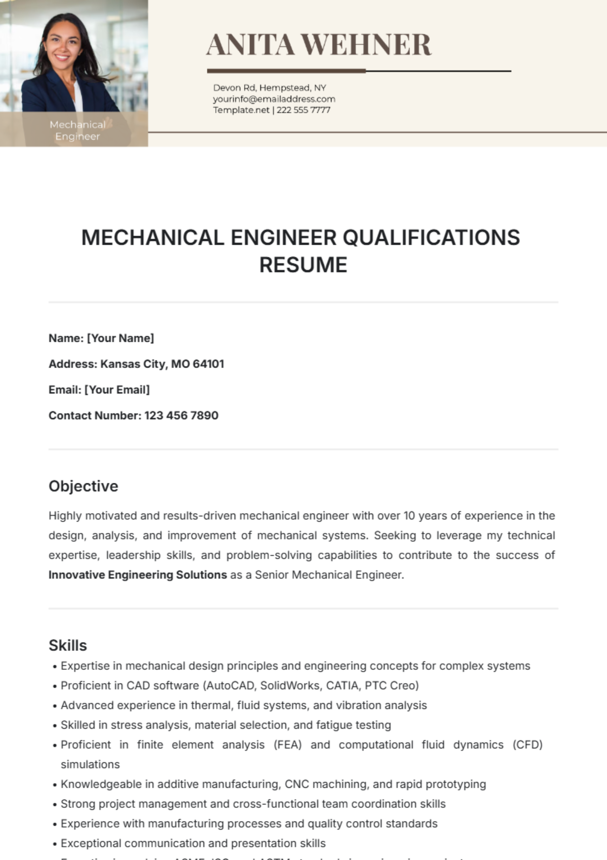 Free Mechanical Engineer Qualifications Resume Template To Edit Online