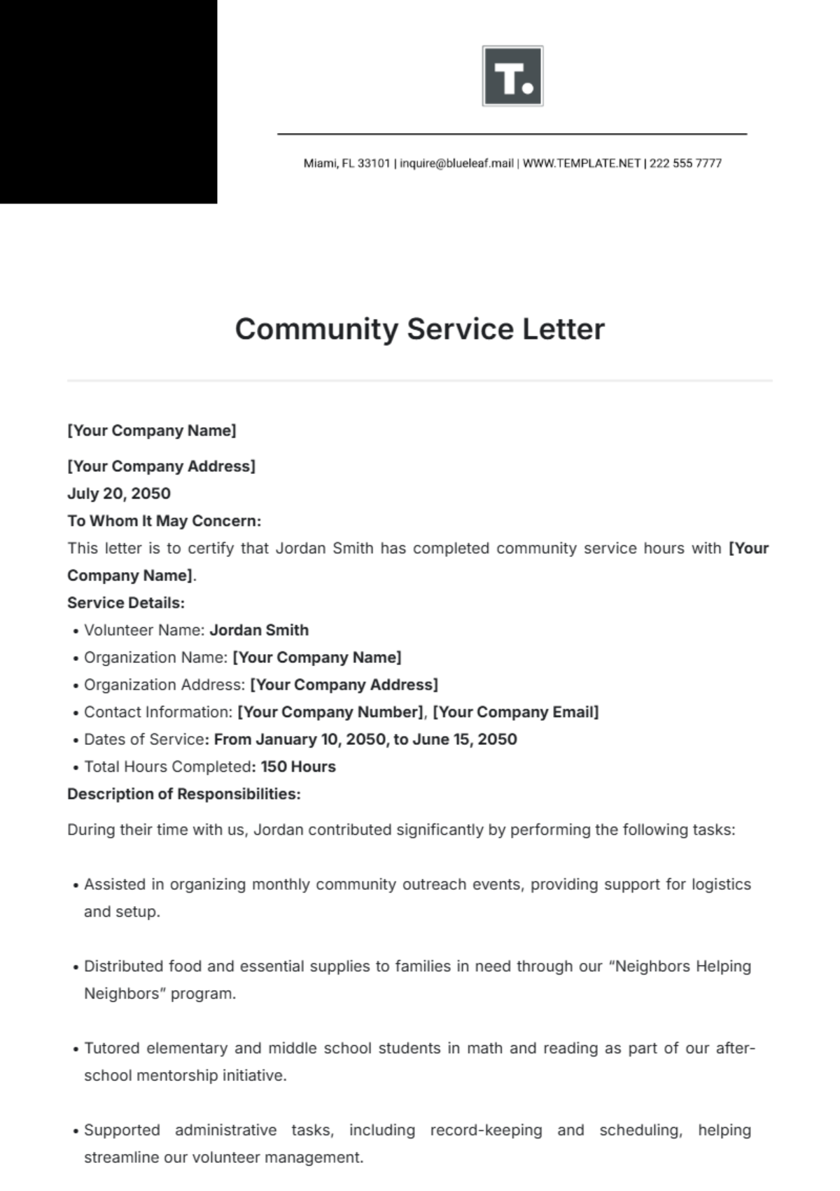 Community Service Verification Letter Template Word Infoupdate