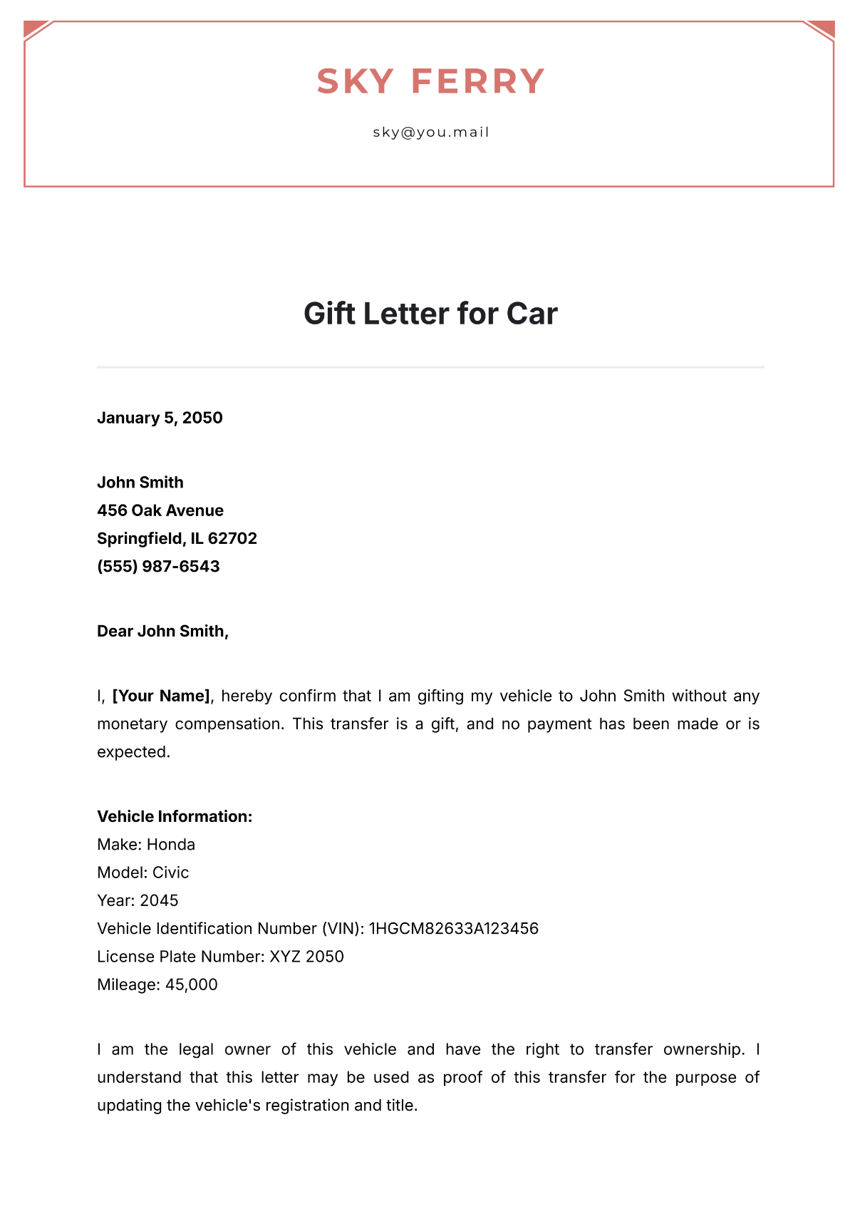 Free Gift Letter For Car Template To Edit Online