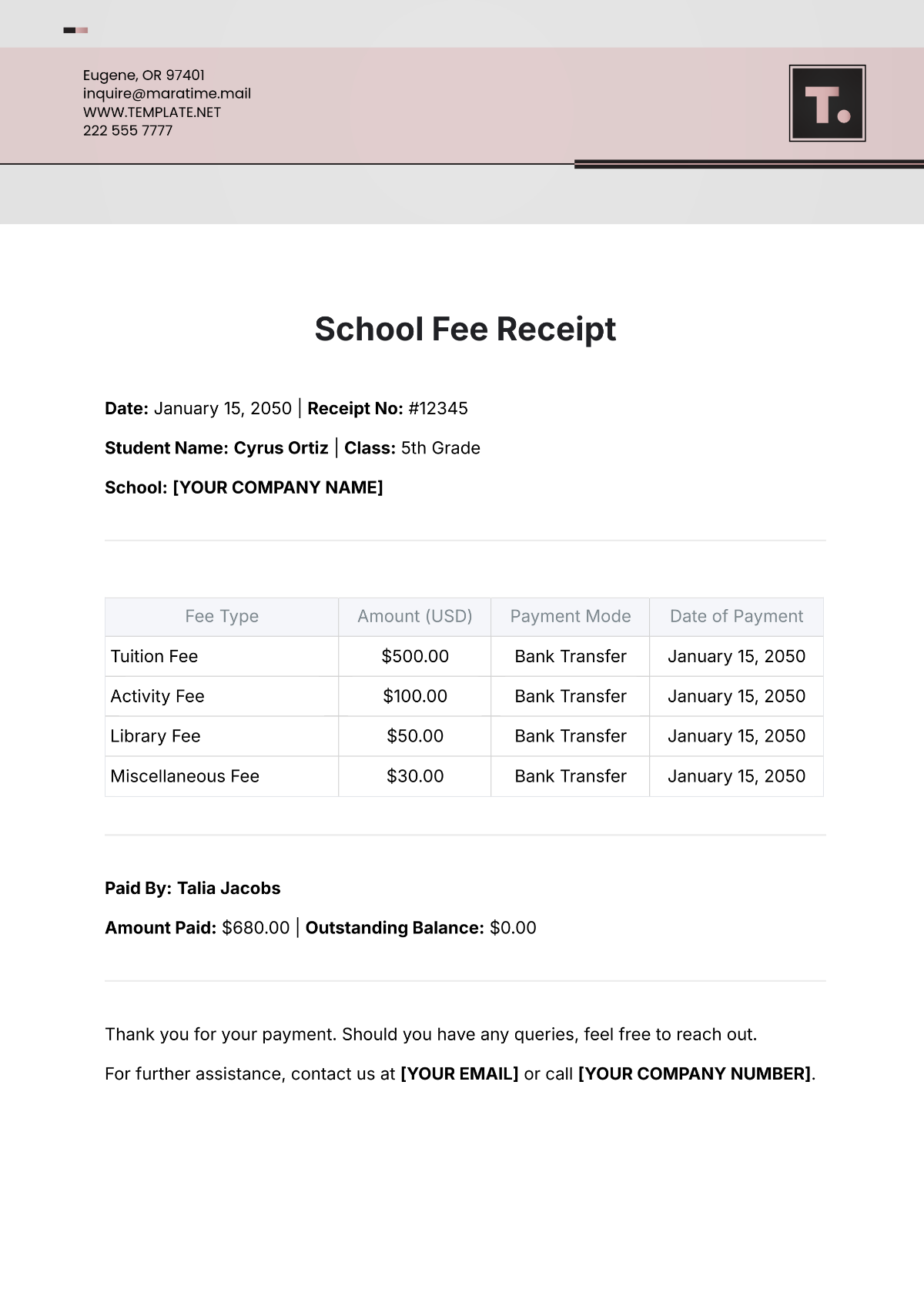 Free Tuition Fees Receipt Template To Edit Online