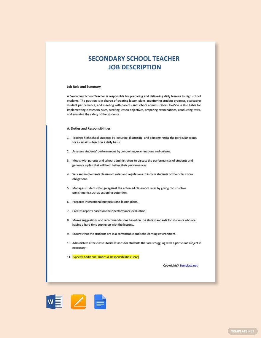 Free Secondary School Teacher Job Description Google Docs Word Apple Pages PDF Template