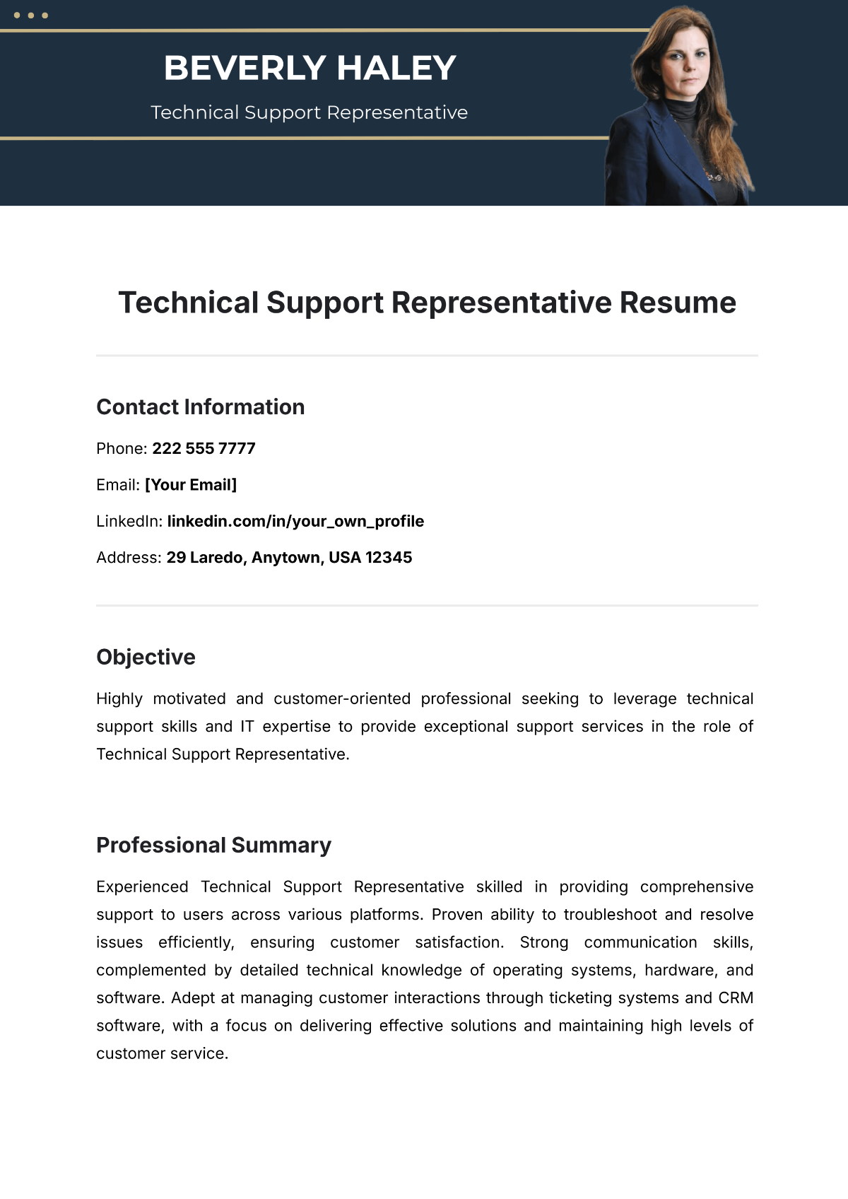 Free Technical Support Representative Resume Template To Edit Online