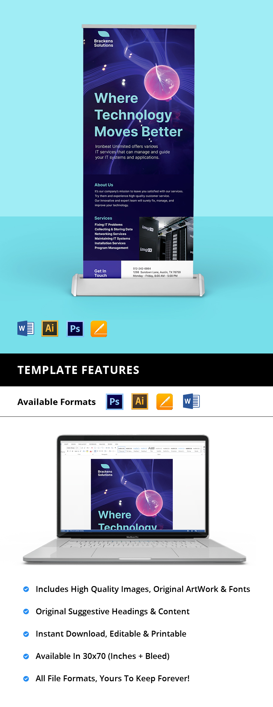 Free Simple IT Roll Up Banner Template - Illustrator, Word, Apple Pages ...