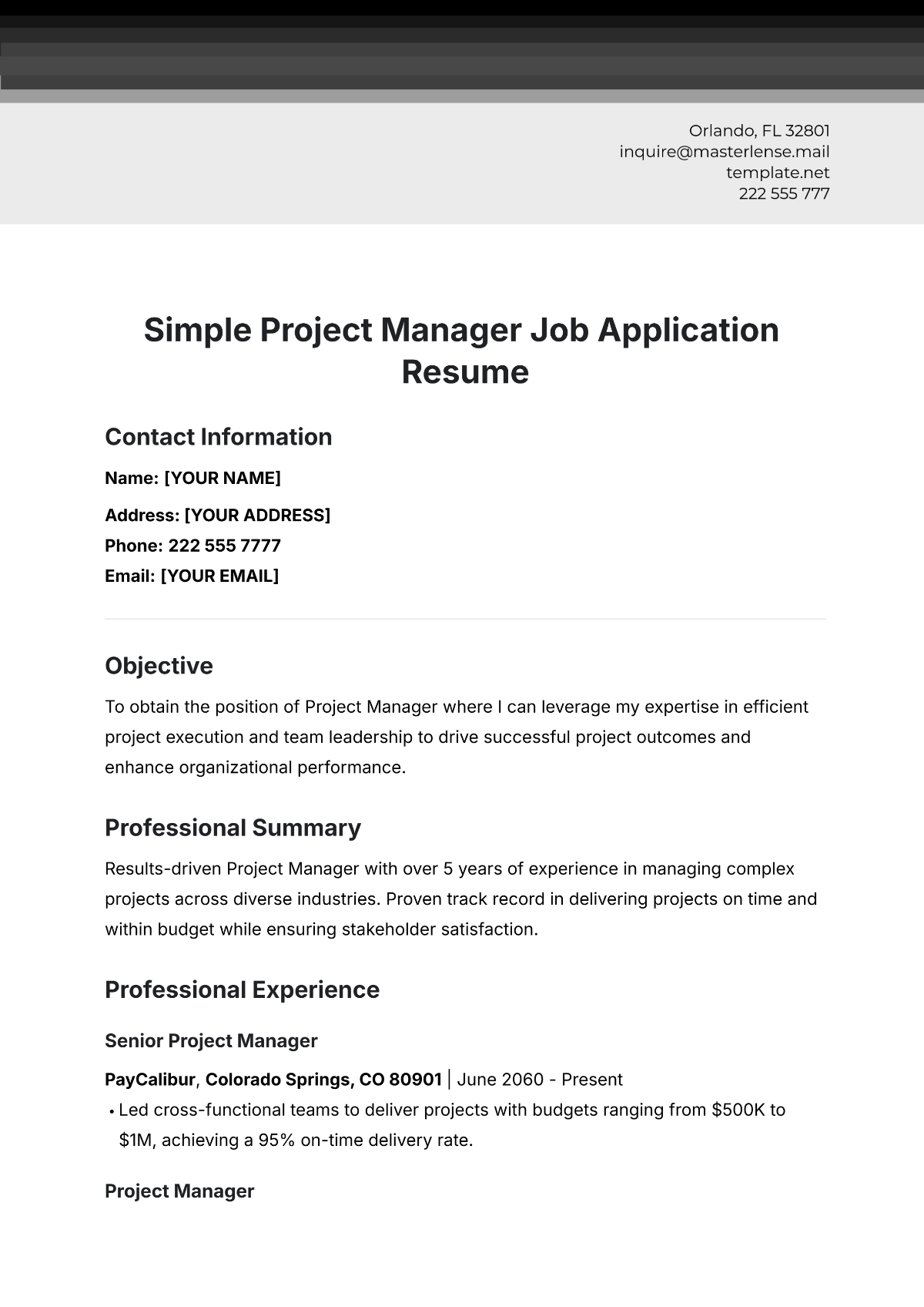 Free Simple Project Manager Job Application Resume Template To Edit Online
