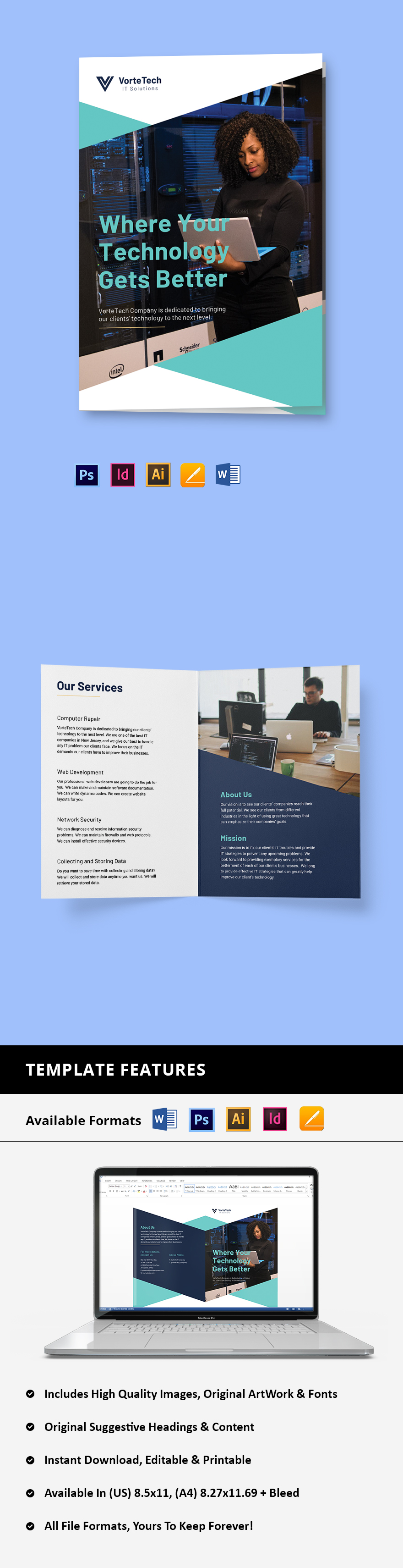 Bi-Fold Modern IT Brochure Template - Illustrator, InDesign, Word ...