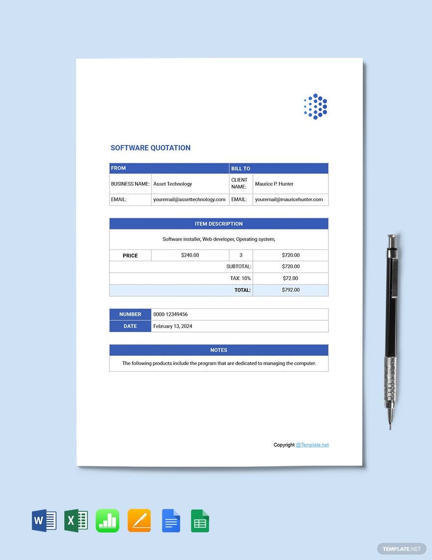 Blank Software Company Quotation Template - Google Docs, Google Sheets, Excel, Word, Apple ...