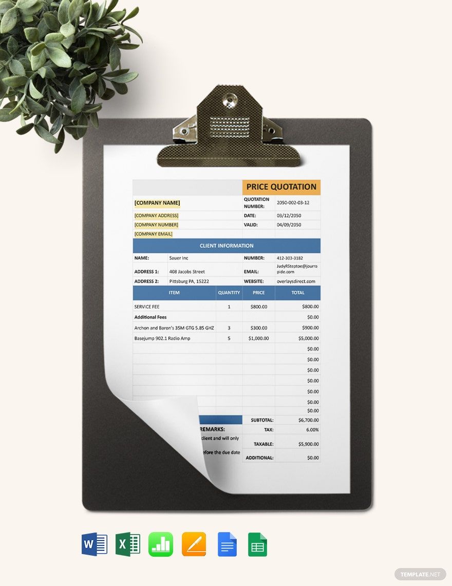 Blank Price Quotation Template - Google Docs, Google Sheets, Excel, Word, Apple Numbers, Apple ...