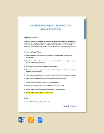 FREE Marketing And Sales Director Job Description Template Word DOC Google Docs