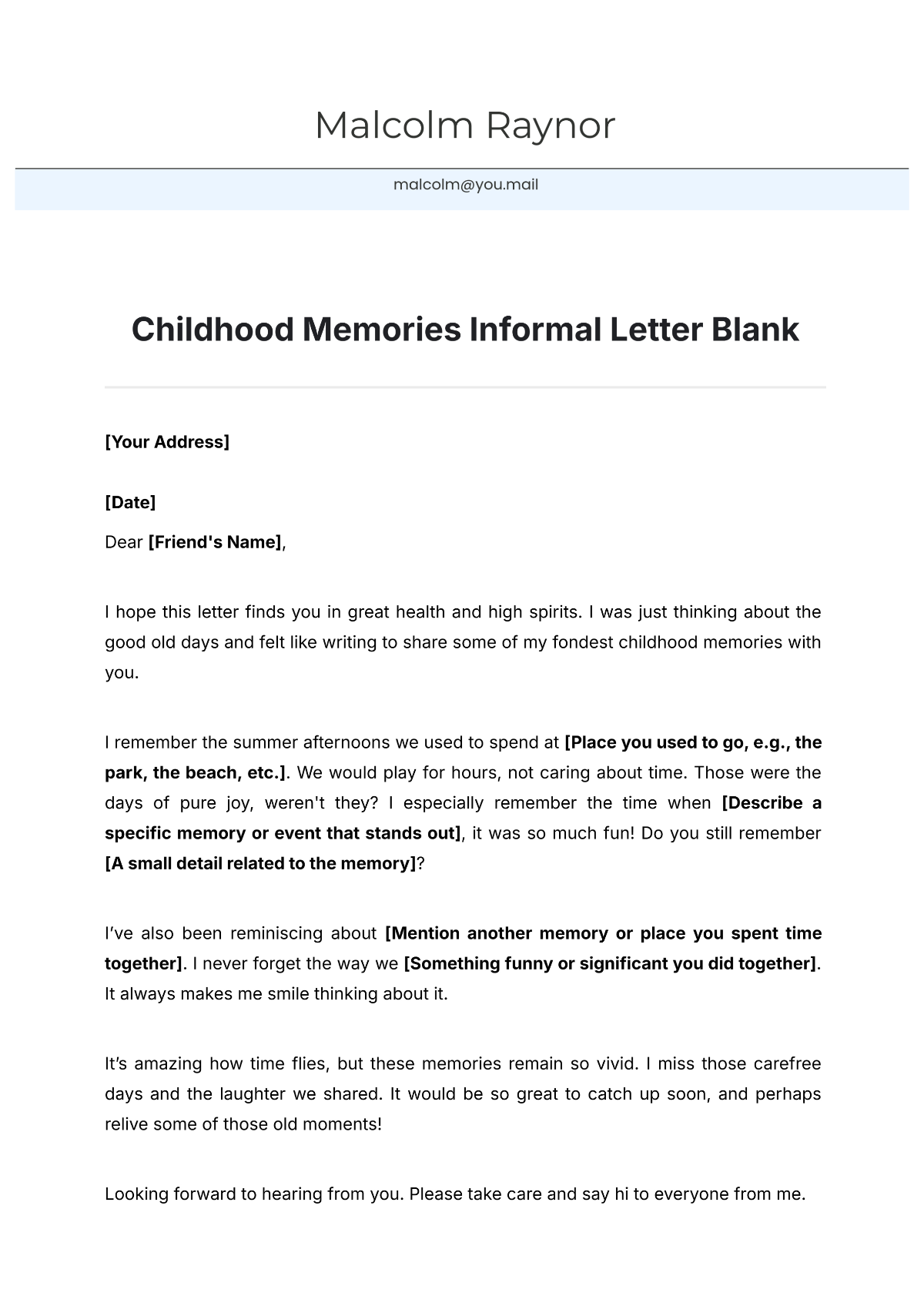 Free Childhood Memories Informal Letter Blank Template To Edit Online