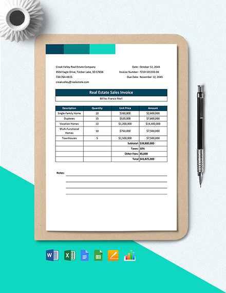 Free Sample Real Estate Invoice Template - Google Docs, Google Sheets ...