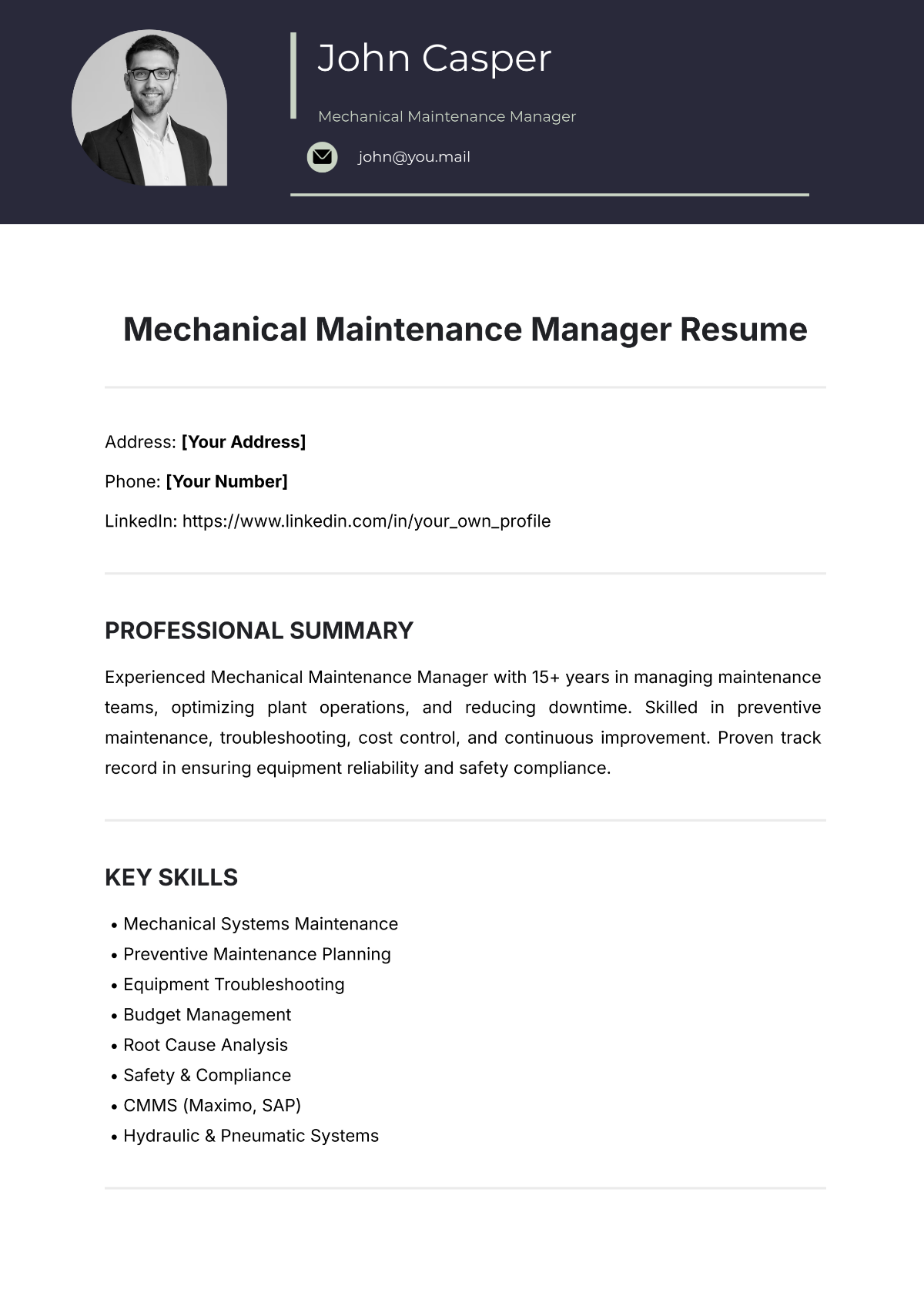 Free Mechanical Maintenance Manager Resume Template To Edit Online
