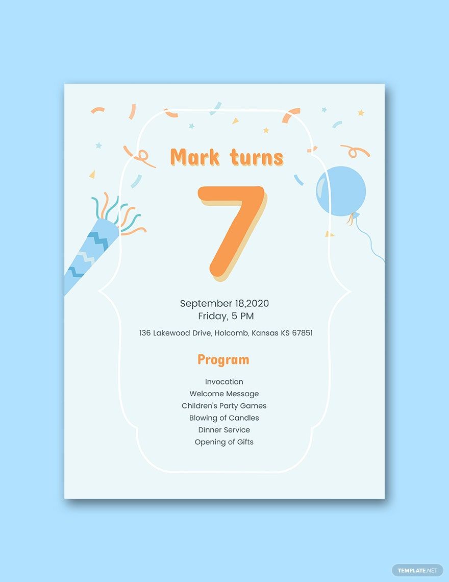 7th Birthday Program Template Illustrator Word Apple Pages PSD 