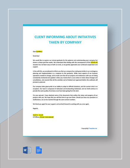 Letter To Client Informing About Initiatives Taken By Company Template