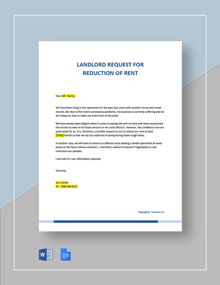 Free Letter to Landlord Request for Reduction of Rent Template