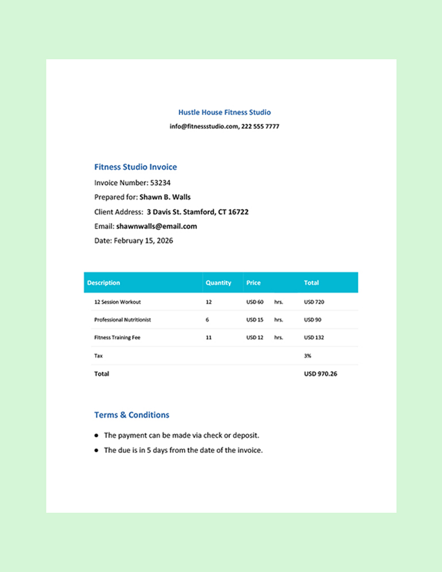 Fitness Studio Invoice Template - Google Docs, Google Sheets ...