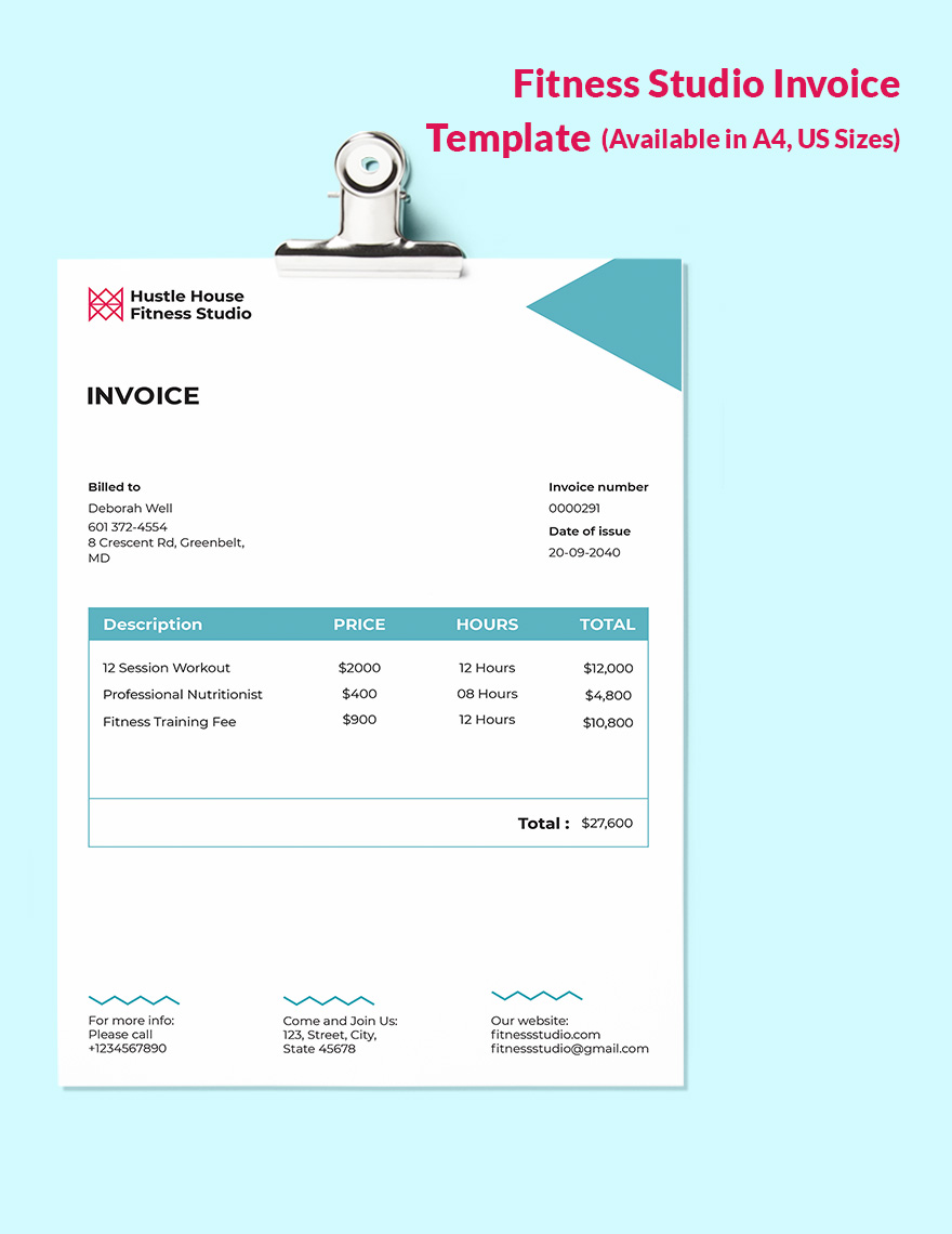 Fitness Studio Invoice Template - Google Docs, Google Sheets ...