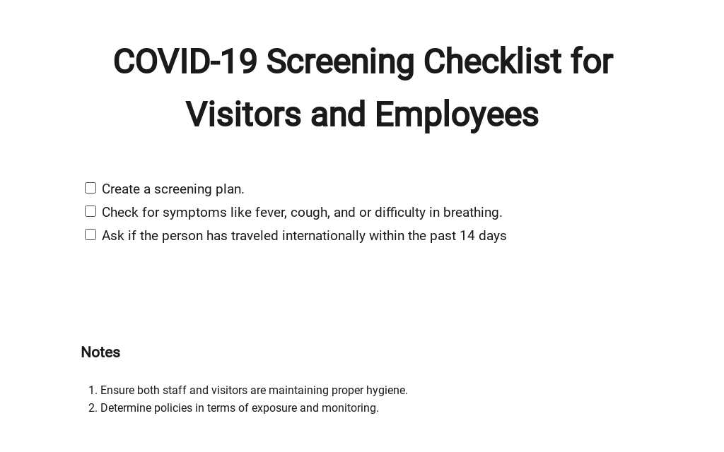 Coronavirus COVID-19 Screening Checklist for Visitors and Employees ...